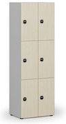 Dřevěná šatní skříňka S4 s úložnými boxy, 6 boxů, demont, RFID zámek, šedá/bříza