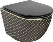 Mexen Lena WC mísa Rimless se záchodovým prkénkem s pomalým sklápěním slim, duroplast, černá mat/zlatý vzor mřížka