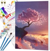 Camerazar Malování podle čísel s rámem 40 x 50cm plátno Západ slunce Sakura strom