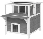 PawHut kočičí jeskyně, kočičí bouda z jedlového dřeva, kočičí domek s balkonem, vchody, pro kočky do 5 kg, venkovní, 64 x 87 x 76 cm, světle šedá