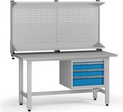 Výškově nastavitelný dílenský stůl G5 s nástavbou, 1500 x 750 x 800-1000 mm, 1x kontejner, 3 zásuvky, modrá