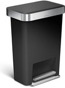 Pedálový odpadkový koš simplehuman – 45 l, kapsa na sáčky, obdélníkový, černý plast /nerez