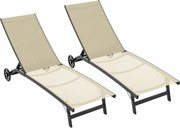 Outsunny Sada 2 skládacích lehátek z hliníku a textileny s kolečky, vícestupňový opěrák, max. zatížení 150 kg khaki | Aosom