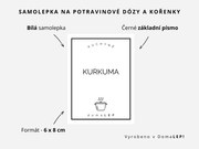 KURKUMA - omyvatelná samolepka na kořenky, výběr rozměrů Ø 5 cm / 5 x 5 cm / 6 x 8 cm | DomaLEP tvar: OBDÉLNÍK, barva: BÍLÁ - ČERNÉ písmo, velikost: š. 6 cm x v. 8 cm – základní písmo