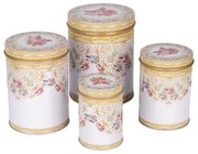 Sada 4 žluto-bílé kovové krabičky s ornamenty a květy – 11 / 9 / 8 / 6 cm