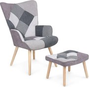 Relaxační křeslo ušák LISA + taburet — masiv, látka, černobílý patchwork