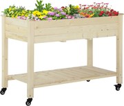 Outsunny Zvednutý městský zahradní stůl 118x55x83 cm Dřevěné zvýšené lůžko se policí Geotextilní látka Kola s brzdami Přenosné pro zahradničení na ter