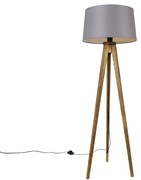 Rustikální stojací lampa s trojnožkou vintage dřevo s plátěným stínítkem tmavě šedá 45 cm - Tripod Classic