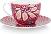 Pip Studio Flower Festival cappuccino šálek s podšálkem 270ml, tmavě růžový (hrnek z tenkostěnného porcelánu)