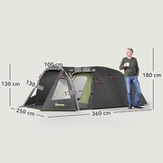 Rodinný kempingový stan Outsunny pro 2-4 osoby, voděodolný tunelový stan 3000 mm se 3 dveřmi, okny a nosičem, ideální na kempování, cestování a turist