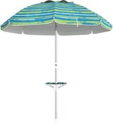 Plážový slunečník Outsunny Ø190x215 cm s nastavitelnou výškou a 45° náklonem, stůl s držáky na nápoje, voděodolná taška pro zahradu a bazén, multicolo
