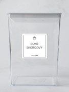 Samolepka na dózu CUKR SKOŘICOVÝ – bílá, 5 × 5 cm, základní písmo