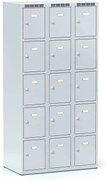 Šatní skříňka S6 s úložnými boxy, 15 boxů, 1800 x 900 x 500 mm, otočný zámek, šedé dveře