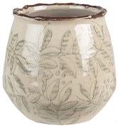 Béžový keramický obal na květináč se zelenými obrysy listů a nepravidelným okrajem – 14x13 cm