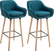 HOMCOM Skandinávské designové barové židle - Sada 2 vysoce pohodlných barových židlí s opěrkami na nohy a područkami - Masivní dřevo modrý len | Aosom
