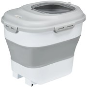 PawHut zásobník na krmivo pro psy, 25 l, 44x32x37 cm, skládací, se čtyřstranným uzamykatelným víkem, kolečka, misky, odměrka, naběračka, plast, šedý|…
