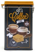 Plechová dóza It‘s Coffee Time, 500 g – černá, matný povrch, s kávovým motivem, s patentním uzávěrem, na kávu, bylinky, těstoviny a drobnosti
