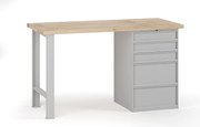 Dílenský pracovní stůl G7, buková spárovka, 1500 x 685 x 840 mm, 1x kontejner, 5 zásuvek, šedá