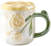 Flamenco Mystique Keramický hrnek s květinovým motivem a víkem, žlutý, 450 ml, 9,2 x 9,6 cm