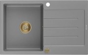 Mexen Bruno, granitový dřez 795x495x200 mm, 1-komorový, šedá se zlatým sifonem, 6513791010-71-G