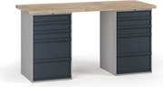 Dílenský pracovní stůl G7, buková spárovka, 1700 x 685 x 840 mm, 2x kontejner, 10 zásuvek, grafit