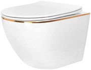 Rea CARLO mini - rimless závěsná WC mísa 49x37 s pomalu-padajícím sedátkem, bílá-zlatý okraj, REA-C1222