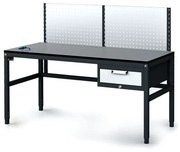 Antistatický dílenský ESD stůl s perfopanelem, 1 zásuvkový box na nářadí, 1600x800x745-985 mm