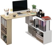HOMCOM Rotající Rohový Stůl L-Tvarovaný Stůl s Policemi pro Kancelář a Učení 120x110x74,5 cm Přírodní a Bílý | Aosom