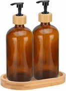 Dávkovač saponátu a mýdla Dallas, hnědá/s černými a dřevěnými prvky, 500 ml, sada 2 ks