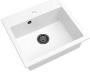 Sink Quality Ferrum, kuchyňský granitový dřez 565x510x205 mm + černý sifon, bílá, SKQ-FER.W.1K60.XB