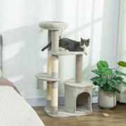 Škrabadlo pro kočky 114 cm s jeskyní, sisalové sloupky, plošina, víceúrovňové pro středně velké kočky do 6 kg, světle šedá barva