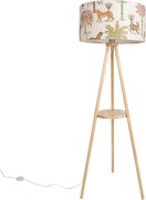 Dřevěná stojací lampa na trojnožce s vícebarevným stínidlem se zvířecím potiskem 50 cm - Lou