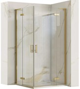 Čtvercový sprchový kout REA HUGO DOUBLE GOLD BRUSH 90x90, zlatý kartáčovaný/transparent - bez vaničky