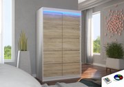 ADRK Šatní skříň posuvná s LED osvětlením BENISSO W-S 120 L, dub sonoma/bílá