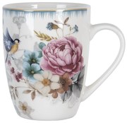 Velký porcelánový hrnek s motivem květin a ptáčka Pivoine - 12*8*10 cm / 0,36 l
