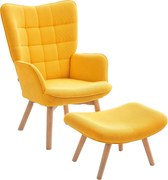 HOMCOM Křeslo s Podnožkou, Křeslo s Vysokým Zády, Dřevěné Nohy, Lounge Křeslo s Prošívaným Designem, Velurový Vzhled, pro Obývací Pokoj, Žluté | Aosom