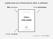CHILLI CON CARNE - omyvatelná samolepka na kořenky, výběr rozměrů Ø 5 cm / 5 x 5 cm / 6 x 8 cm | DomaLEP tvar: OBDÉLNÍK, barva: BÍLÁ - ČERNÉ písmo, velikost: š. 6 cm x v. 8 cm - tučné písmo
