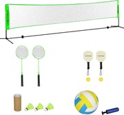SPORTNOW Badminton Set, Síť na badminton s stojanem, míčky, 4 rakety, nastavitelné volejbalové síť, s taškou na nošení, pro vnitřní a venkovní použití