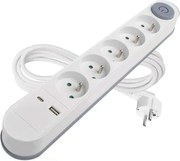 Prodlužovací kabel EMOS Fast Charging, 5x zásuvka, 1×USB-A + 1×USB-C vypínač, 3m, bílý
