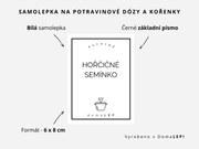 HOŘČIČNÉ SEMÍNKO - omyvatelná samolepka na kořenky, výběr rozměrů Ø 5 cm / 5 x 5 cm / 6 x 8 cm | DomaLEP tvar: OBDÉLNÍK, barva: BÍLÁ - ČERNÉ písmo, velikost: š. 6 cm x v. 8 cm – základní písmo