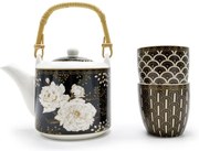 Porcelánová čajová souprava Art Deco, konvice 0,6 l – s bambusovým držadlem, se 2 šálky, art deco design, s nerezovým sítkem