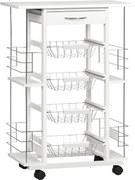 HOMCOM Kuchařský vozík na kolečkách s dlažkou a zásuvkou, 4 kovové košíky a 4 boční stojany na kořenky pro jídelnu, 57x37x83 cm Bílý | Aosom