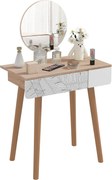 HOMCOM Toaletní stolek s kulatým zrcadlem Ф39cm, Toaletní stolek se zásuvkou s dekorací džungle, Bílý a dubový, 70x39x119-128cm | Aosom