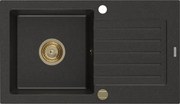 Mexen Pablo, granitový dřez 752x436x161 mm, 1-komorový, černá-zlatá metalíza se zlatým sifonem, 6510751010-75-G