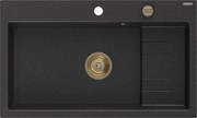Mexen Omar, 1-komorový granitový dřez 800x480x210 mm, černá-stříbrná metalíza, zlatý sifon, 6520801005-73-G