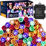 LED řetěz - 5m, 50LED, 8-funkcí, časovač, 3xAA, IP44, multicolor