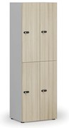 Dřevěná šatní skříňka S4 s úložnými boxy, 4 boxy, demont, mechanický kódový zámek, šedá/dub přírodní