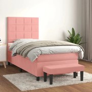 Box Spring Postel S Matrací Samet Růžová Blok se čtverci 80 x 200 cm