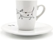 Porcelánový espresso šálek Běžící pes s podšálkem, 130 ml – ručně kreslená perokresba