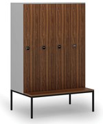 Dřevěná šatní skříňka S4 s lavičkou, 4 oddíly, 1871 x 1200 x 500/800 mm, demont, RFID zámek, šedá/ořech